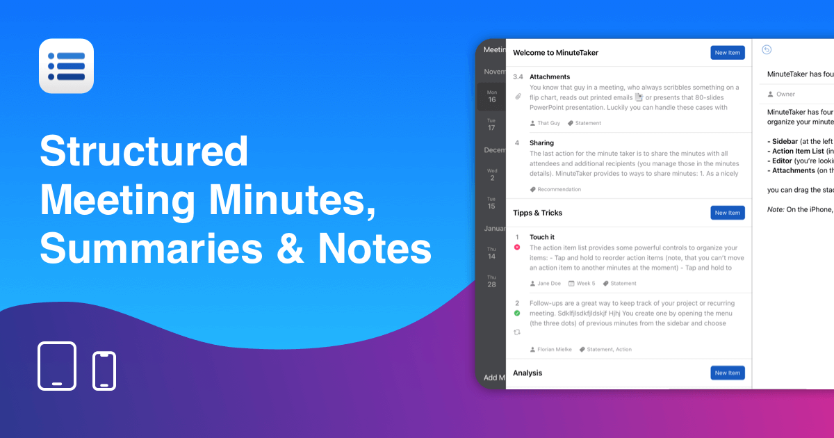 MinuteTaker - Structured Meeting Minutes and Notes for iPhone and iPad
